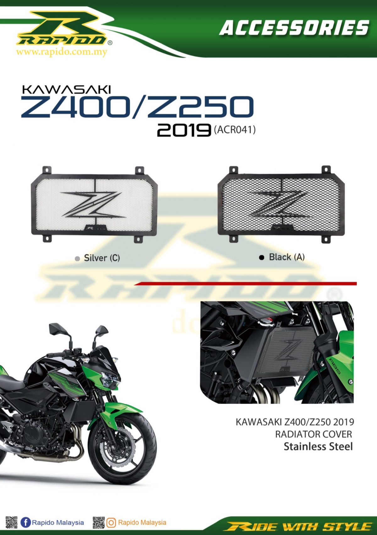 Stainless Steel Radiator Cover - Kawasaki Z250 (2019) / Z400 - Rapido