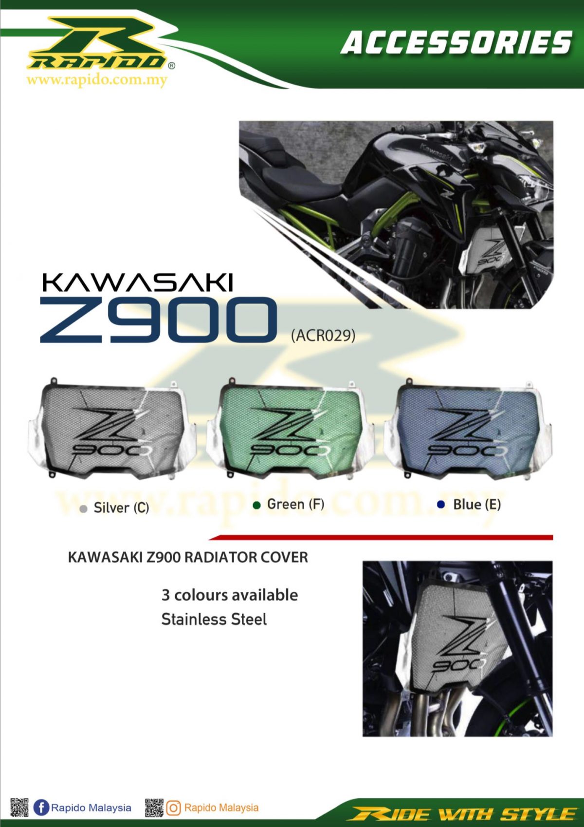Stainless Steel Radiator Cover - Kawasaki Z900 - Rapido